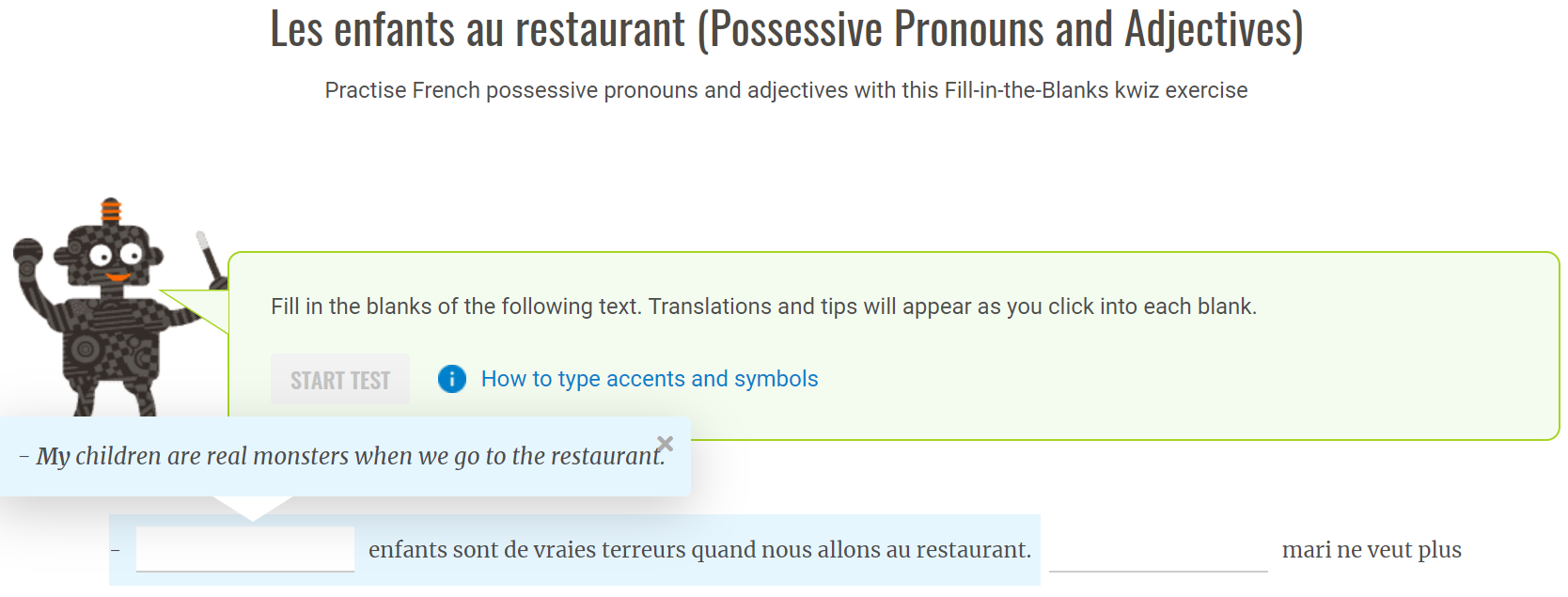 Les enfants au restaurant (Possessive Pronouns and Adjectives) - Kwiziq ...
